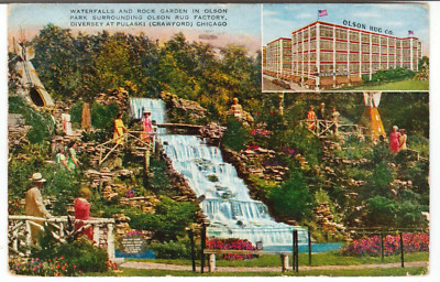 Postcard "Waterfalls & Rock Garden in Olson Park, Olson Rug Factory ...