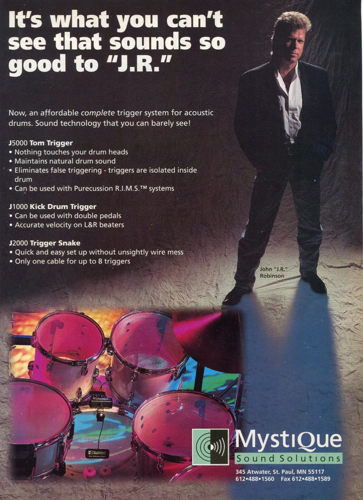 1995 Print Ad of MystiQue Sound Solutions Drum Triggers w John JR ...