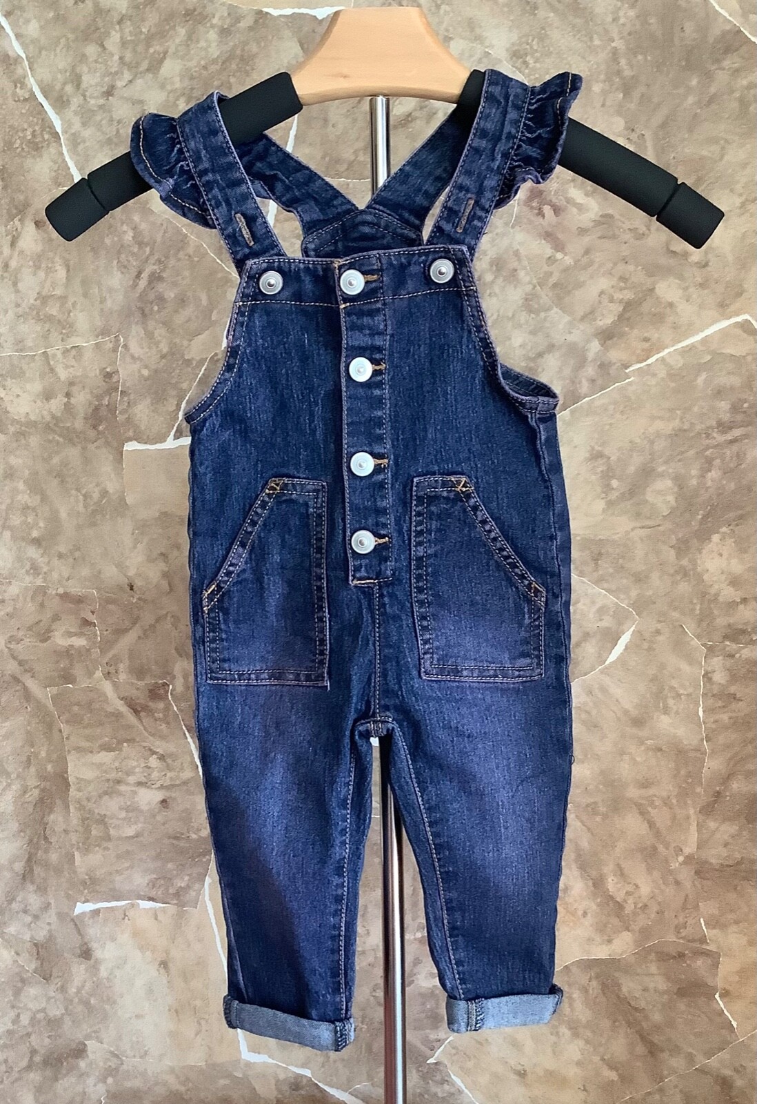 NEW DARLING! Girls Blue Denim Overalls w/Snaps Patch Pockets Ruffled ...