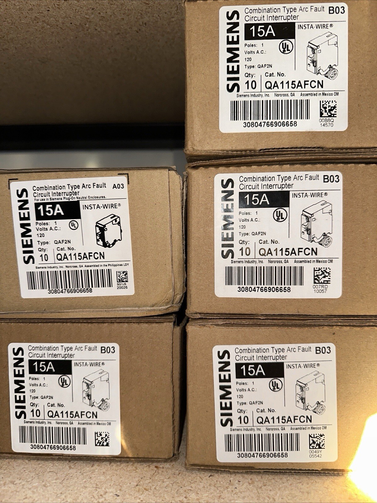 QA115AFCN LOT OF 10 SIEMENS 15A ARC-FAULT AFCI PLUG ON NEUTRAL NO ...