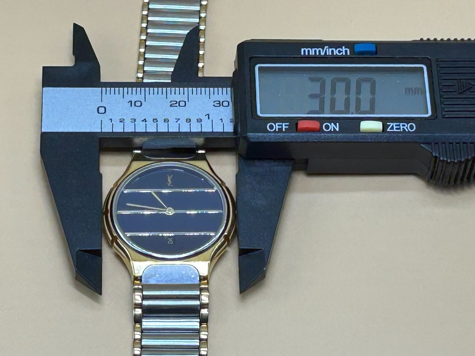 YVES SAINT LAURENT Three Lines NAVY Gold Date 30mm France QZ Watch From ...