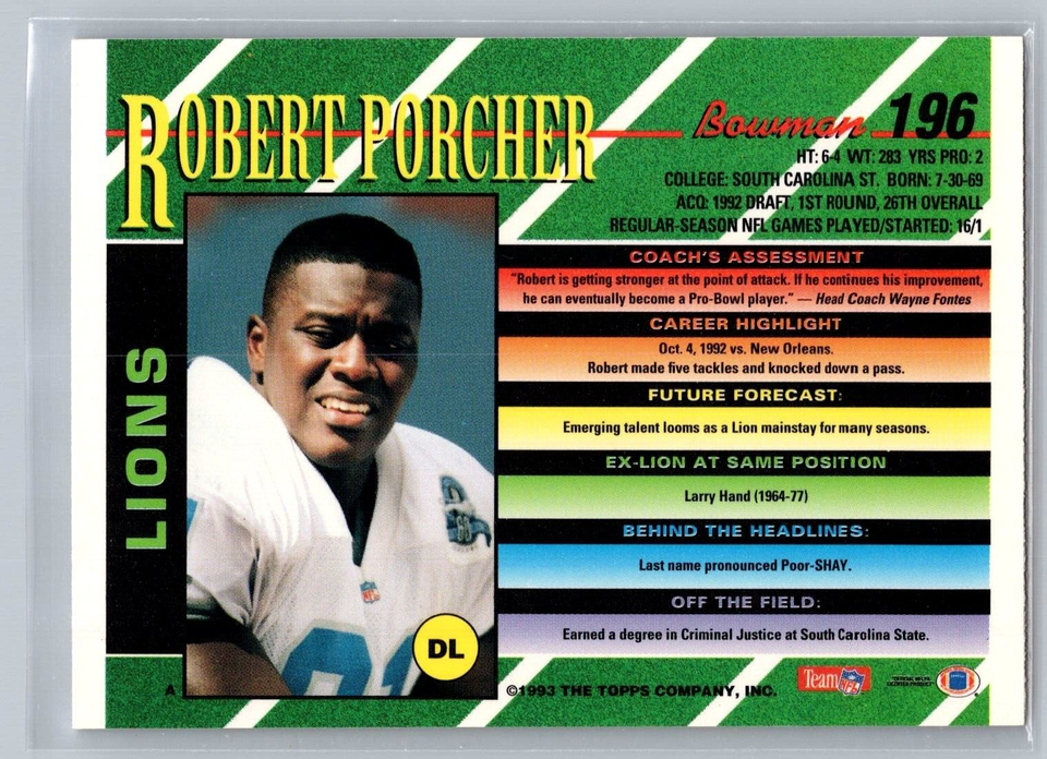 1993 TOPPS BOWMAN CARD # 196 Robert Porcher - Detroit Lions | eBay
