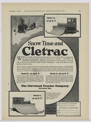 1926 Cleveland Tractor, CLETRAC Ad: Model K & Model A Snow Removal ...