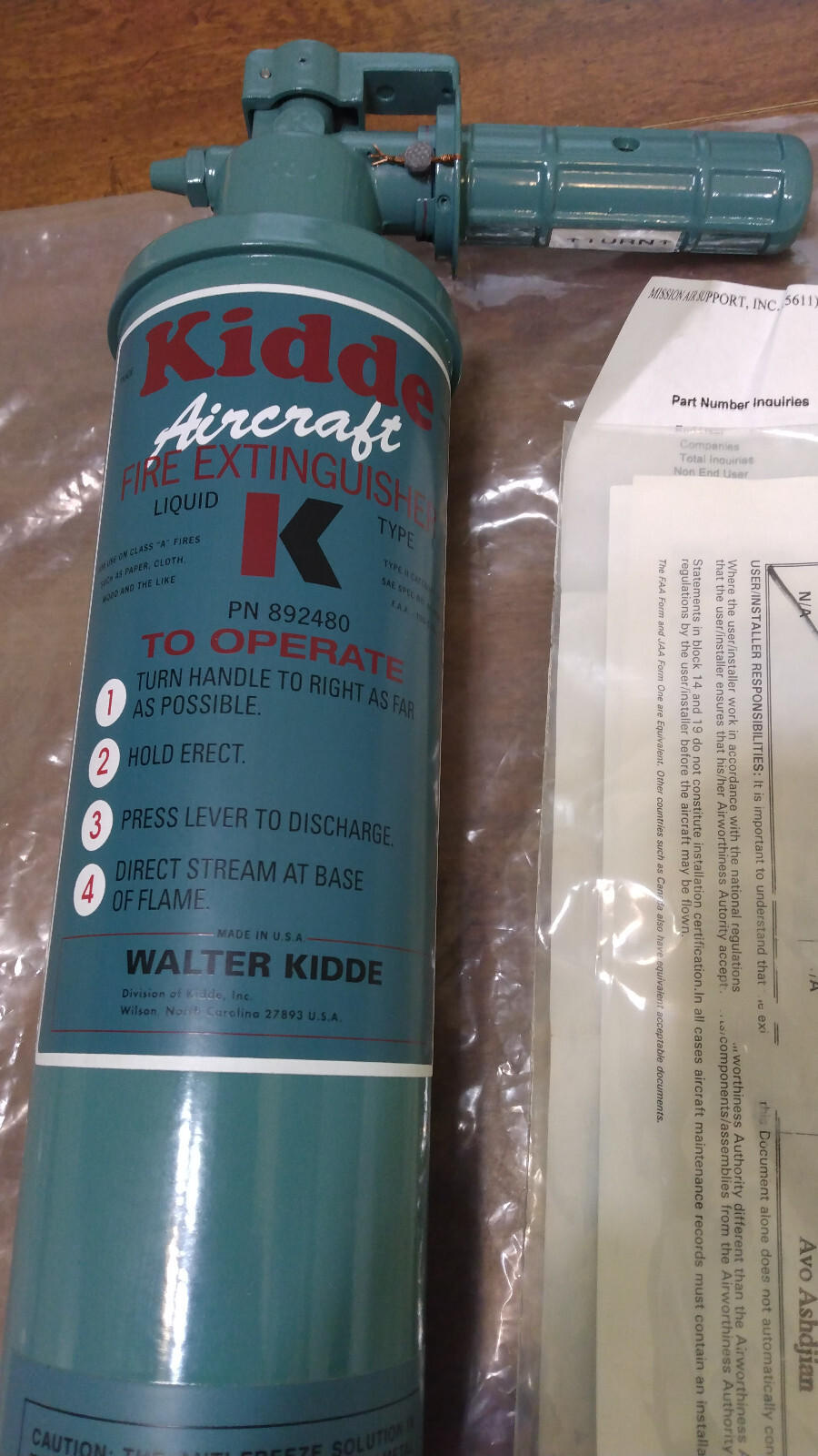 Kidde Aircraft Fire Extinguisher Part 892480 Overhauled Paper Included ...