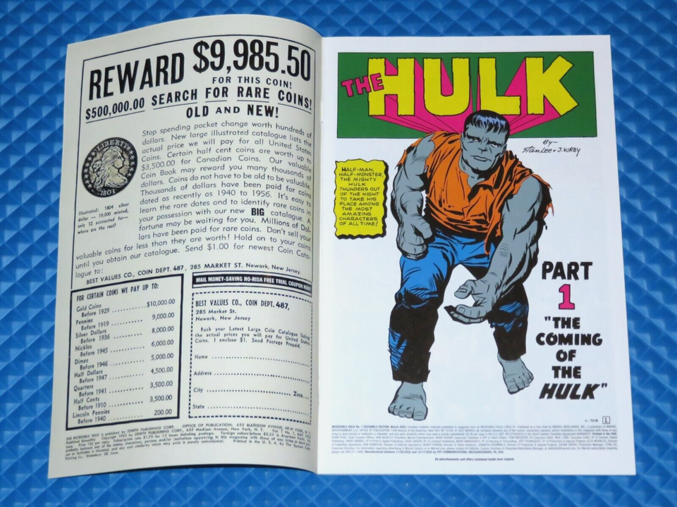 Incredible Hulk #1 Facsimile Cover Marvel Reprint Interior 1st Hulk | eBay