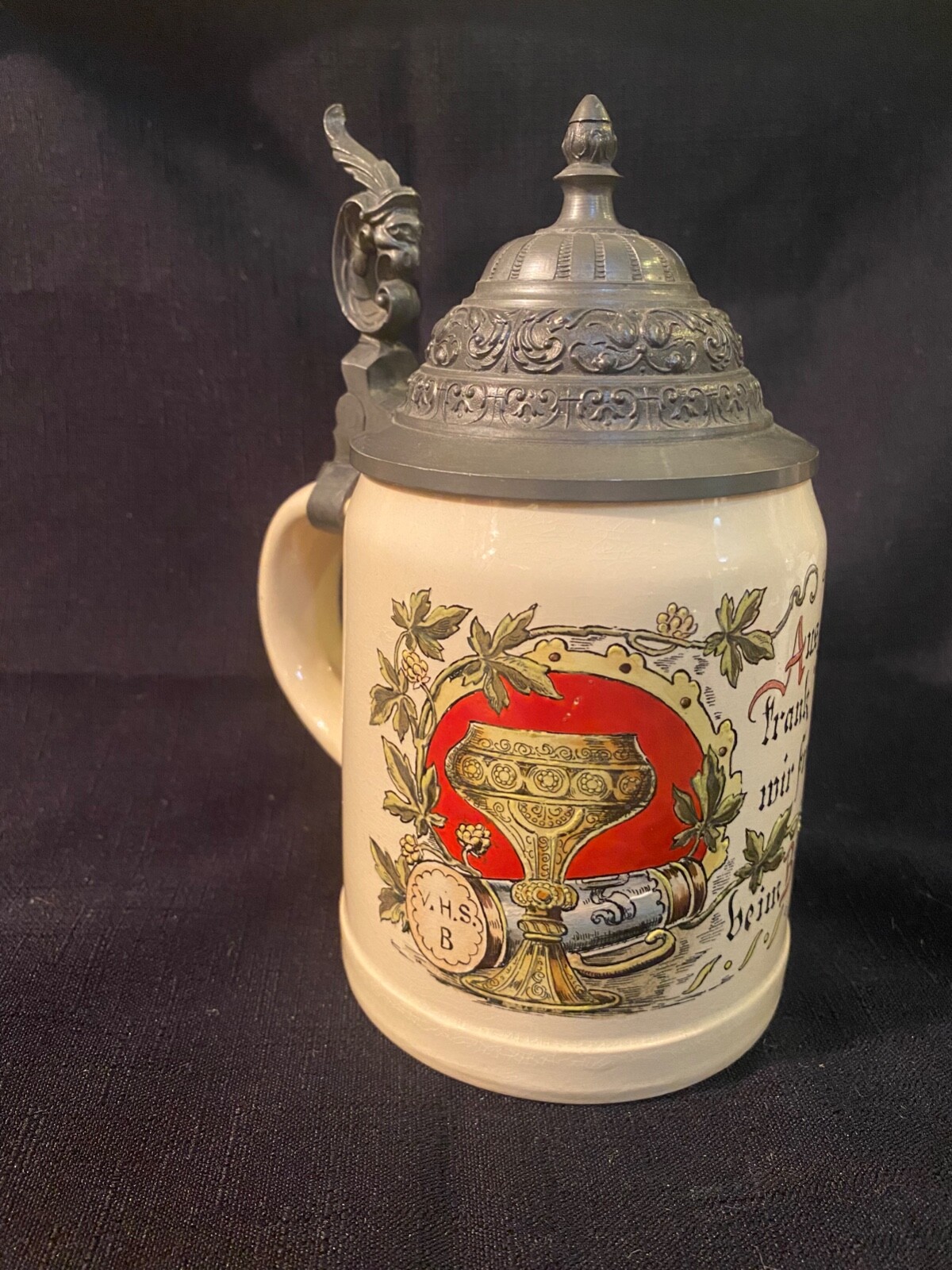Vintage Stoneware Beer Mug w/Gargoyle Thumbrest & Pewter Lid -Germany ...