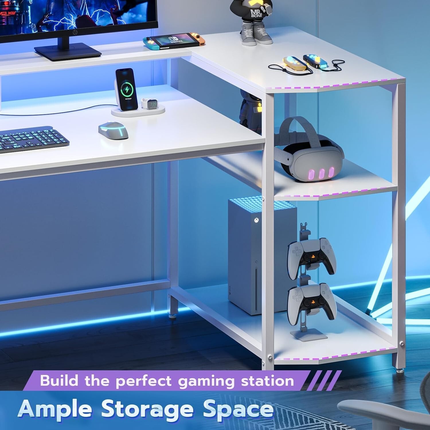 Gaming Desk 70.8'' with LED Lights and Storage Shelves, Home Office ...