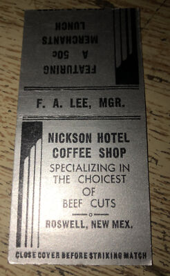 1950s-60s Nickson Hotel Coffee Shop Roswell New Mexico Matchcover F.A ...
