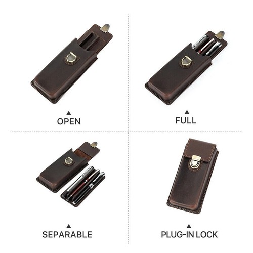 Genuine Leather 3 Slot Handmade Hard Fountain Pen Case Pen Storage box ...