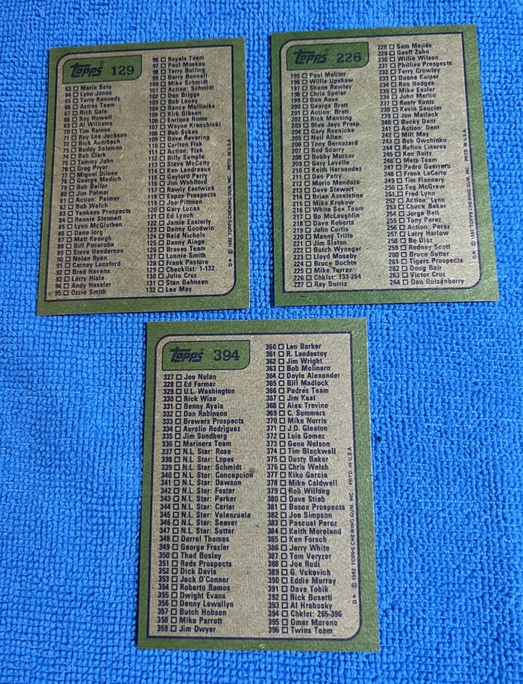 1982 TOPPS BASEBALL CARDS CHECKLISTS COMPLETE SET UNMARKED MINT ...
