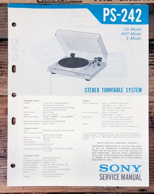 Sony PS-242 Record Player / Turntable Service Manual *Original* | eBay
