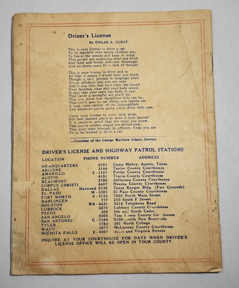 Vintage 1941 State of Texas Dept of Public Safety Driving Handbook ...