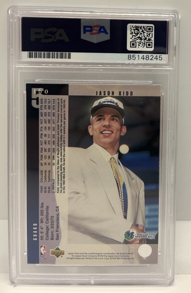 Jason Kidd Signed 1994-1995 Upper Deck Rookie Class RC Card #160 Psa ...