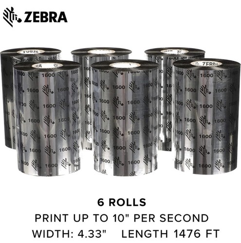 Zebra Black Wax Ribbon, Thermal Transfer Printers 4.33" x 1476' 1" Core ...
