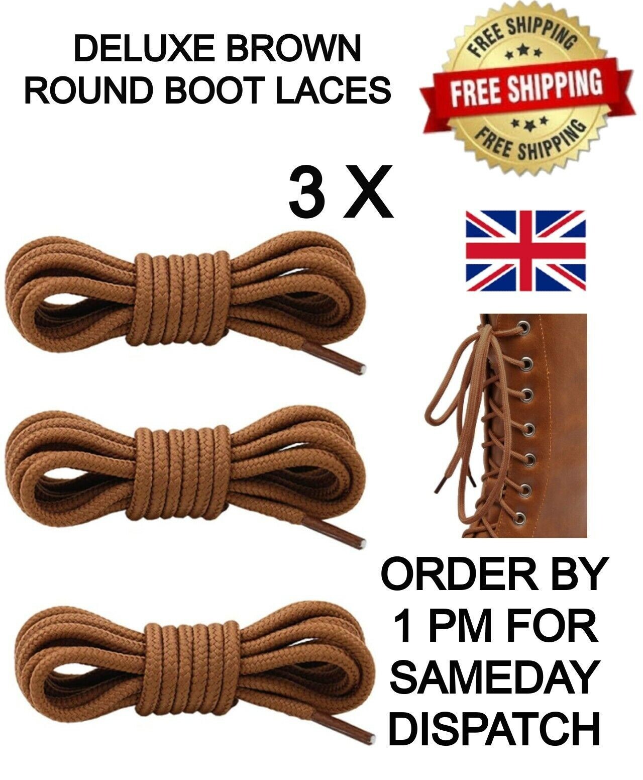 3 Pairs X Authentic Round Boot Laces - 5mm Wide Durable Boot Shoe Laces ...