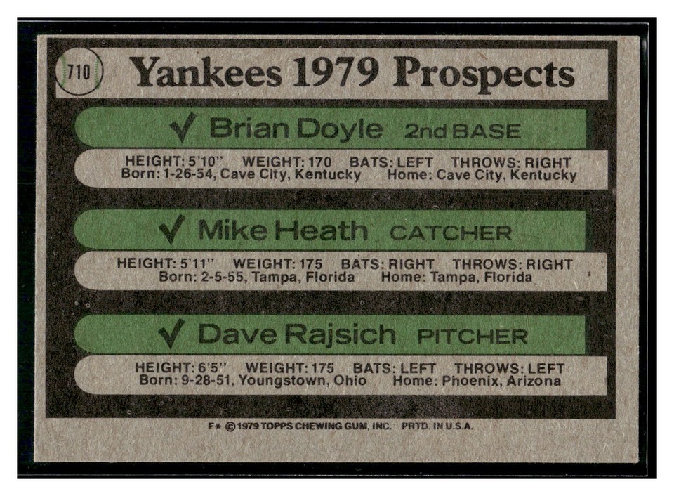 1979 Topps #710 Yankees 1979 Prospects (Brian Doyle / Mike Heath / Dave ...