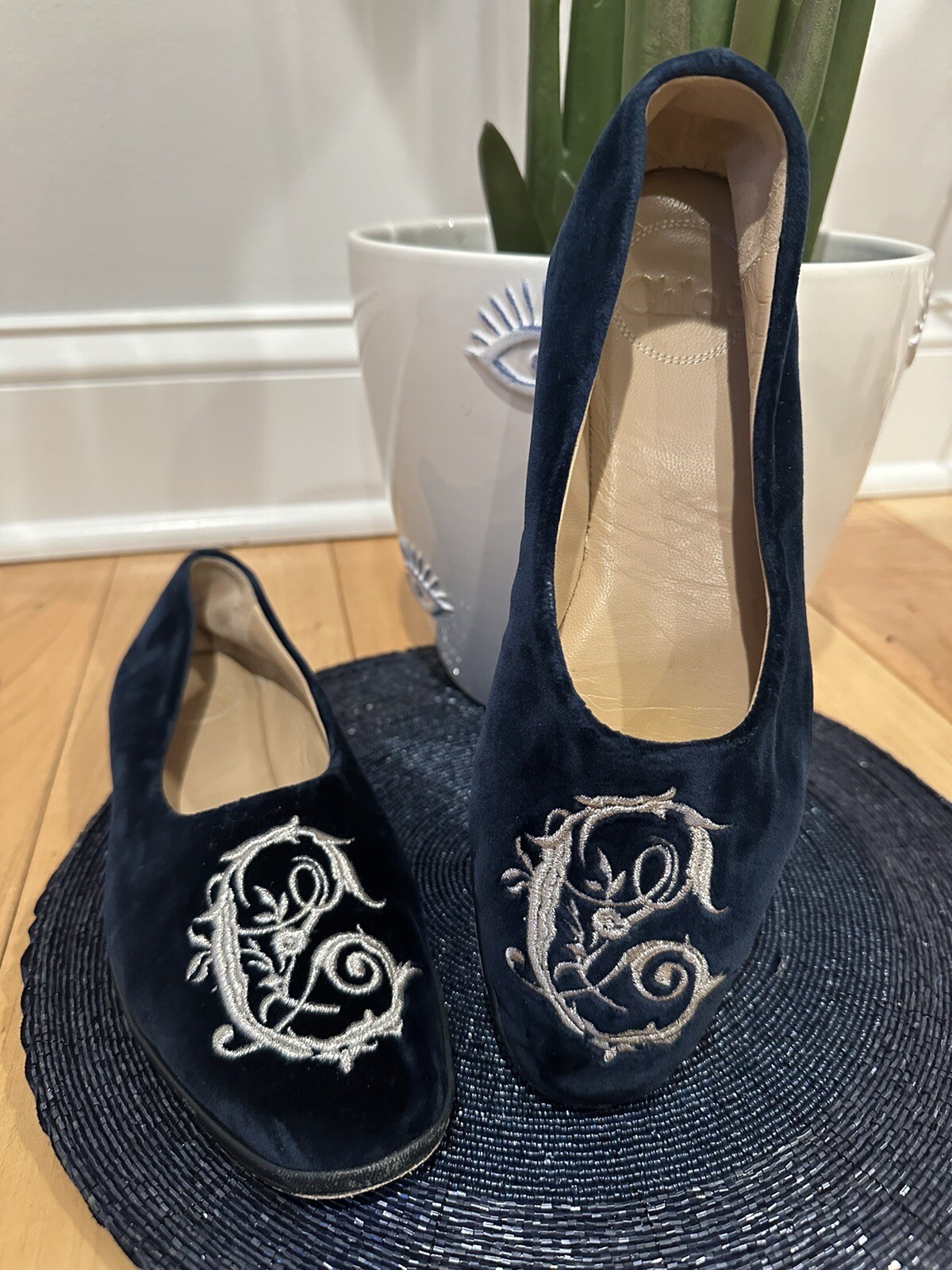 Chloe Skye Navy Blue Velvet Ballet Flats Silver Embro… - Gem