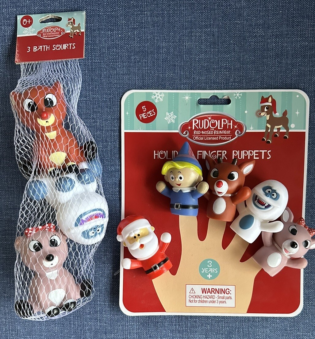 5 Rudolph Finger Puppets Bath Pool Toys & 3 Water Squirters PVC Bumble ...