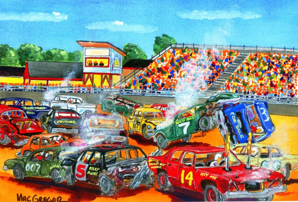 DEMOLITION DERBY ART PRINT Demo Car Cars Smash Crash Wreck Racetrack ...