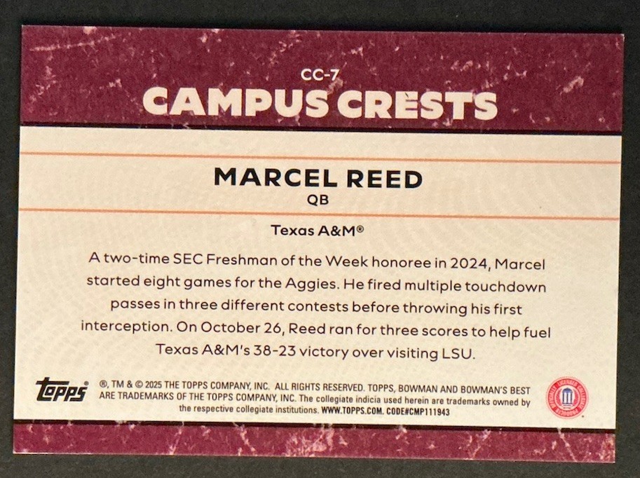 2025 Bowman’s Best U MARCEL REED CAMPUS CRESTS Case Hit SSP #CC-7 Texas ...