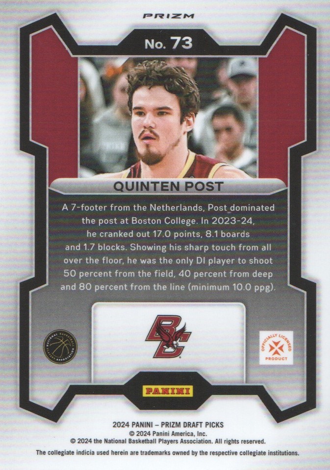 2024-25 Panini Prizm Draft Picks Basketball Orange Ice #73 Quinten Post ...