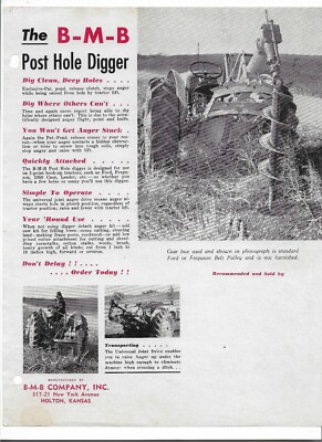 Original BMB B-M-B Post Hole Posthole Single Page Digger Sales Flyer ...