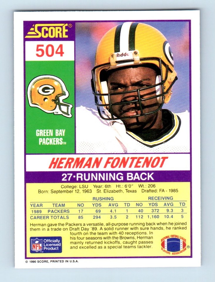 1990 Score Herman Fontenot Green Bay Packers #504 | eBay