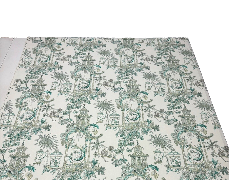 VILBER SIAM TOILE VERT GREEN MONKEY ORIENTAL TEMPLE COTTON FABRIC 7.5 ...