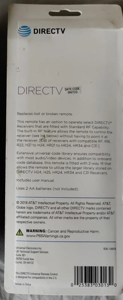 1 Pack - DIRECTV RC66RX RF Remote Controls W/Batteries DTV (Opened ...