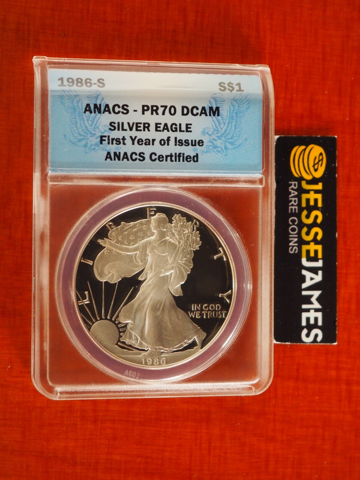 1986 S PROOF SILVER EAGLE ANACS PR70 DCAM FIRST YEAR OF ISSUE BLUE ...