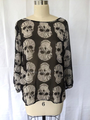 Womens Sheer Sugar Skull Blouse Bow Scoop Back Size Medium Black Day of ...