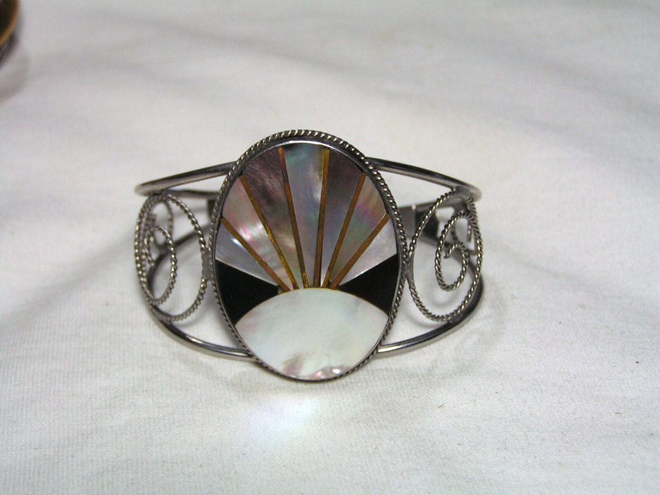 Vintage Color Argento, Madreperla, Abalone, Smalto Nero Crescente Sole ...
