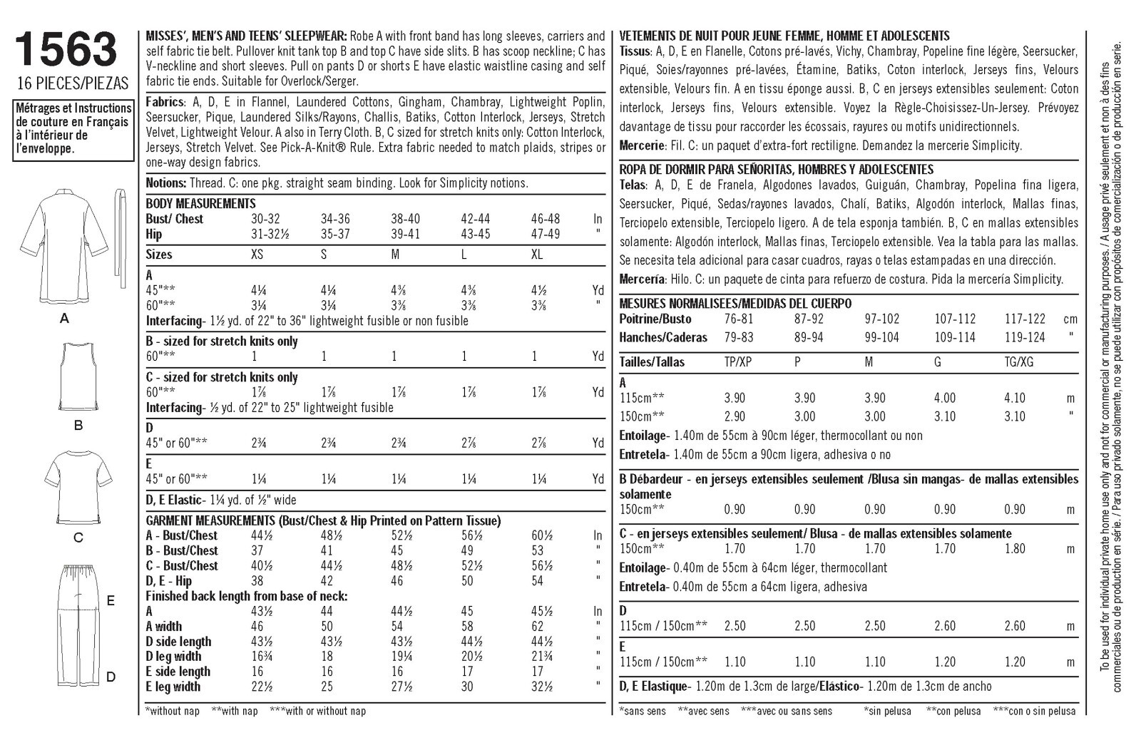 SIMPLICITY SEWING PATTERN 1563 ADULTS, TEENS XS-XL UNISEX PYJAMAS TOP ...