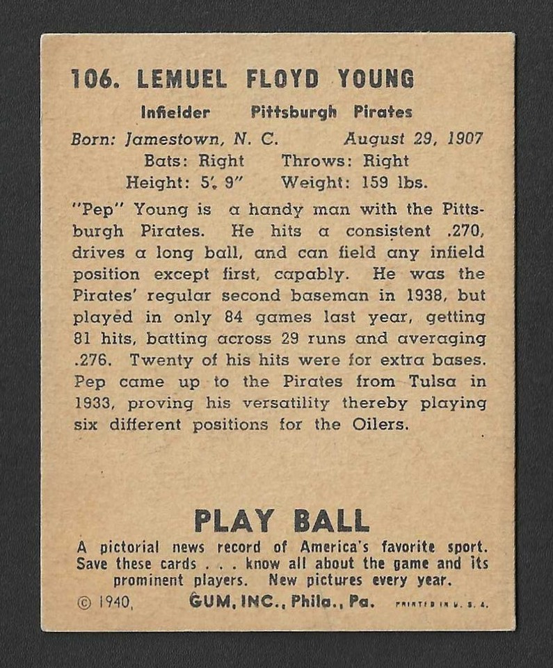1940 Play Ball Baseball Card - #106 Infielder Pep Young - Gum Inc ...