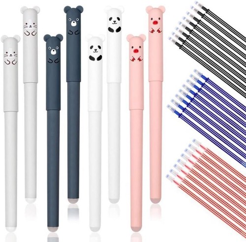 8pcs Erasable Gel Ink Pens with 24 Refills, Cartoon Cat Pig Bear Panda ...