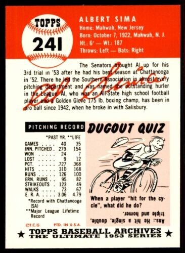 1991 TOPPS ARCHIVES 1953 AL SIMA WASHINGTON SENATORS #241 | eBay