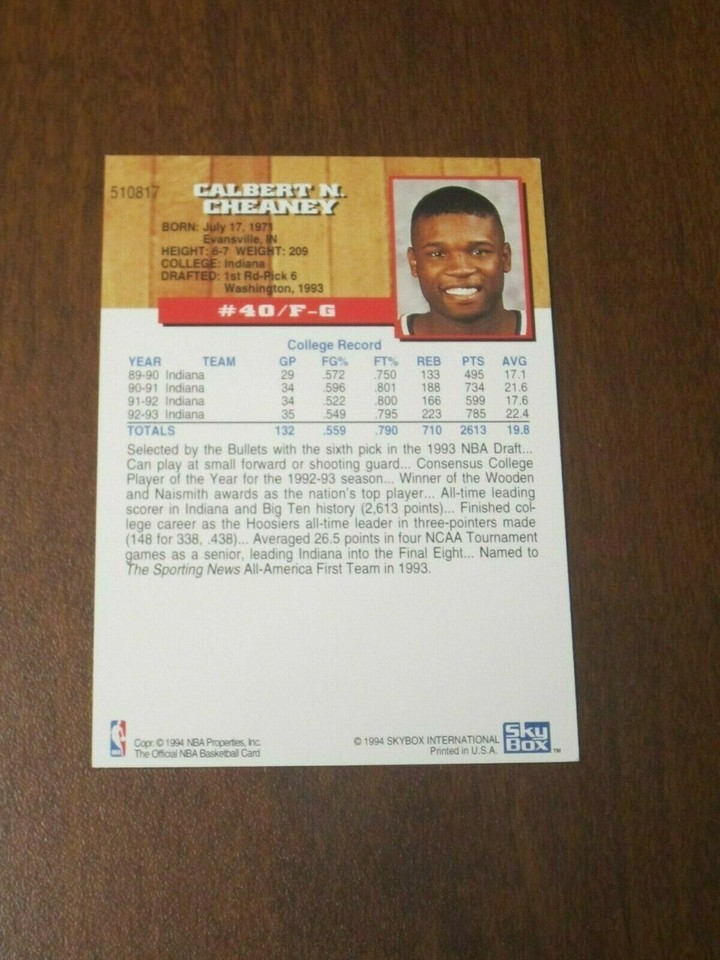 Calbert Cheaney 1994 NBAHOOPS Starting Lineup Card - Washington Bullets ...