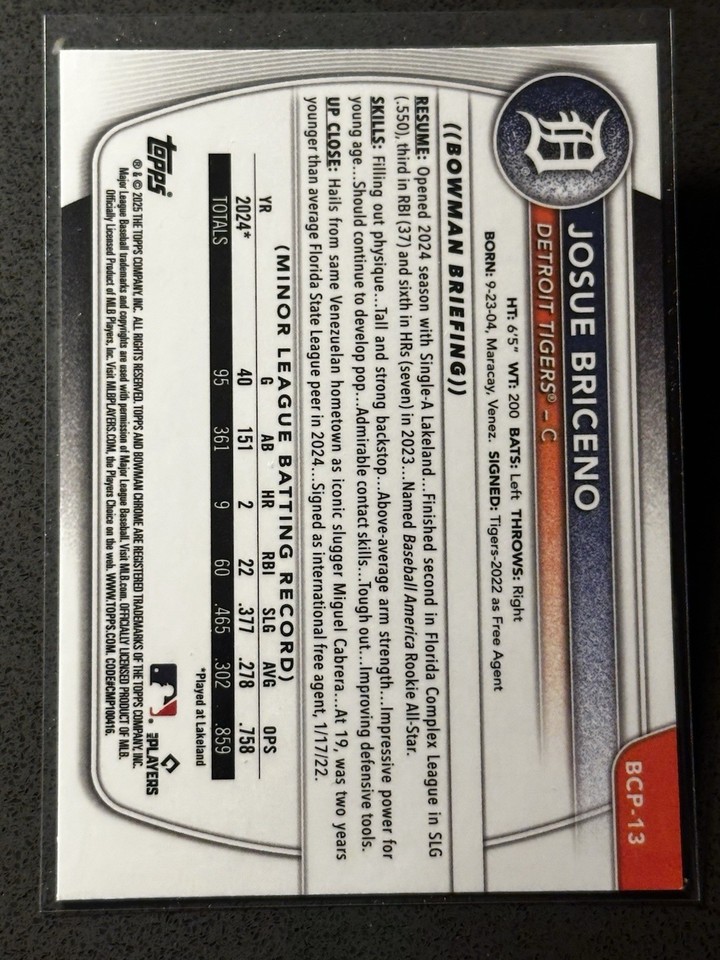 2025 Bowman Chrome Josue Briceno 1st Reptilian Refractor #BCP-13 Tigers ...