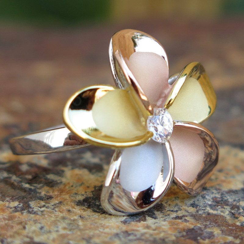 925 Silver Tri-color Gold Plumeria Flower CZ Wedding Ring Band 22mm # ...
