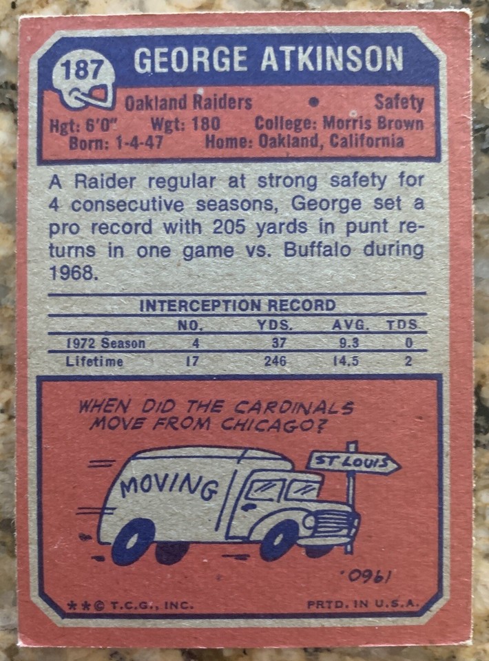 1973 Topps Football #187 George Atkinson - Oakland Raiders (R2) | eBay
