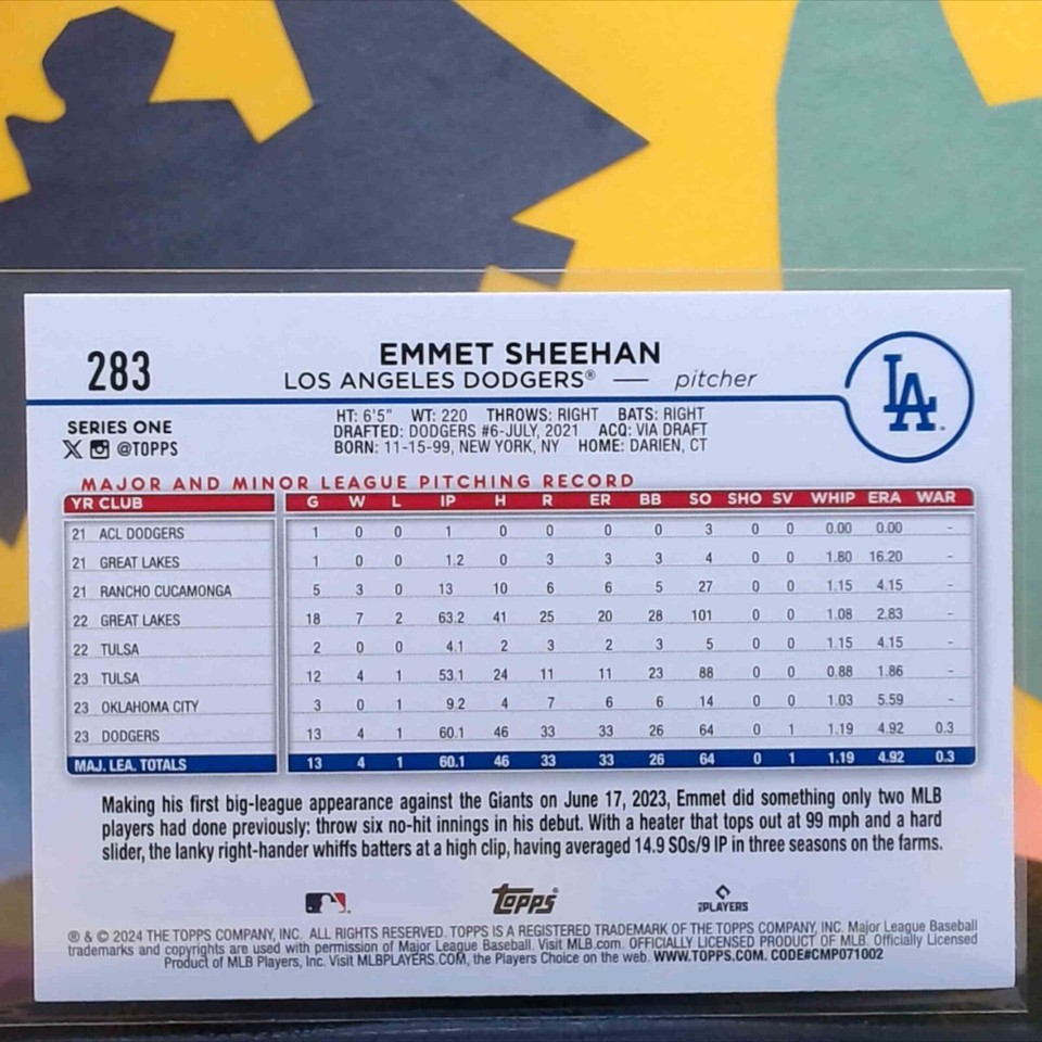 Emmet Sheehan Baseball Rookie RC Card #283 Los Angeles Dodgers 2024 ...