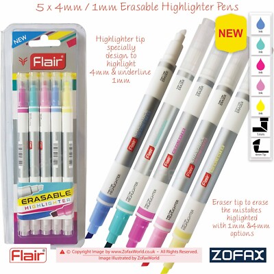 5 x FLAIR Erasable Tip Highlighter Pens Chisel Tip Bright Colours 1mm ...