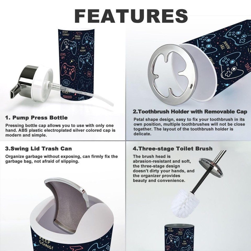 Bathroom Accessory Set 6 Piece Seamless joysticks Gamepad Slogan Text ...