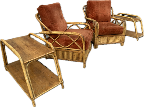 Mid-Century Bamboo Ficks Reed Rattan Set 2 Chair 2 Side Lamp Tables ...
