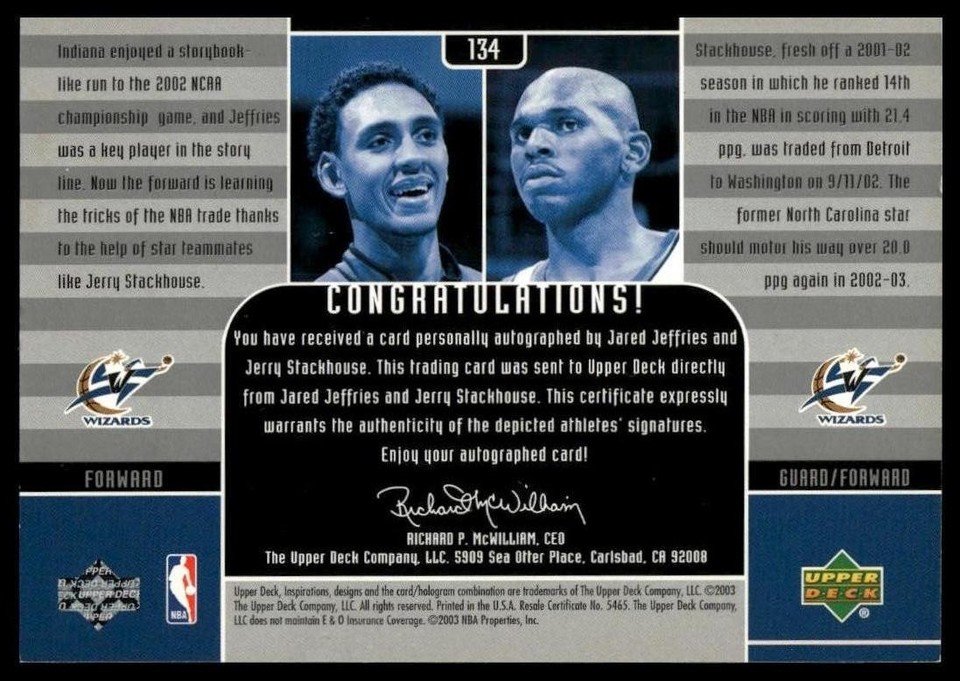 2002-03 Upper Deck Inspirations Jared Jeffries & Jerry Stackhouse ...