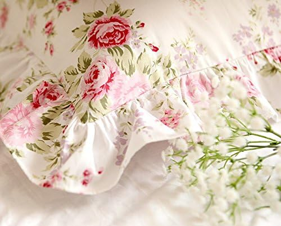 Shabby Pink Rose Pillowcases with Lace Ruffles - Vintage Floral Bedding ...