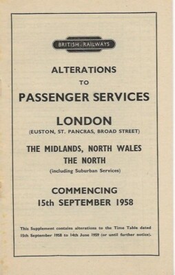 London Midland Region 15/9/58 timetable supplement Alterations Weedon ...