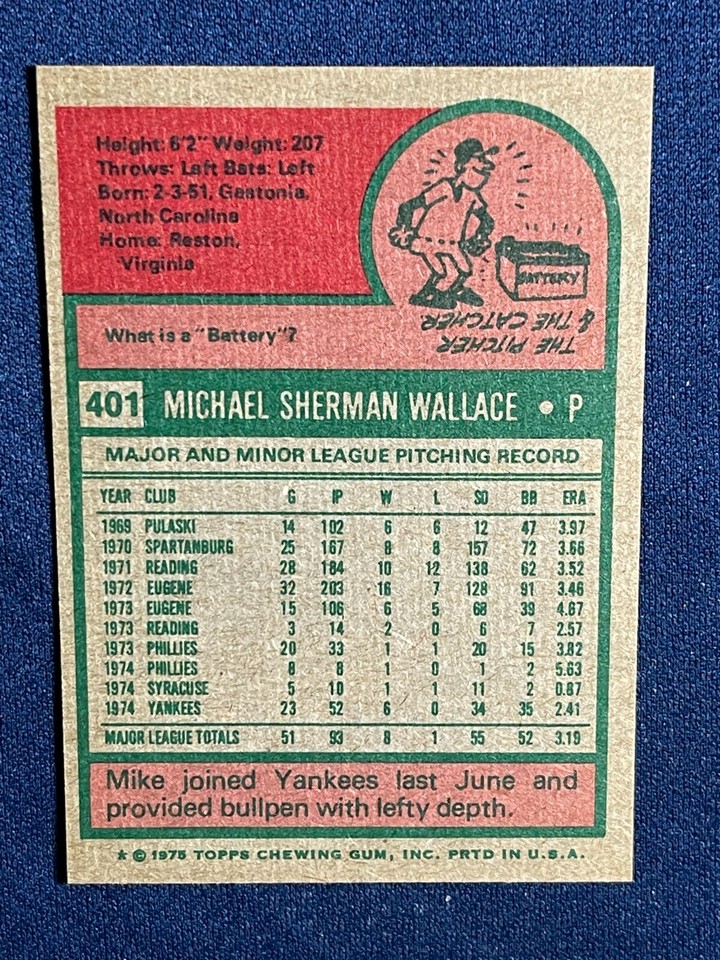1975 TOPPS #401 MIKE WALLACE (NEW YORK YANKEES) BASEBALL CARD | eBay