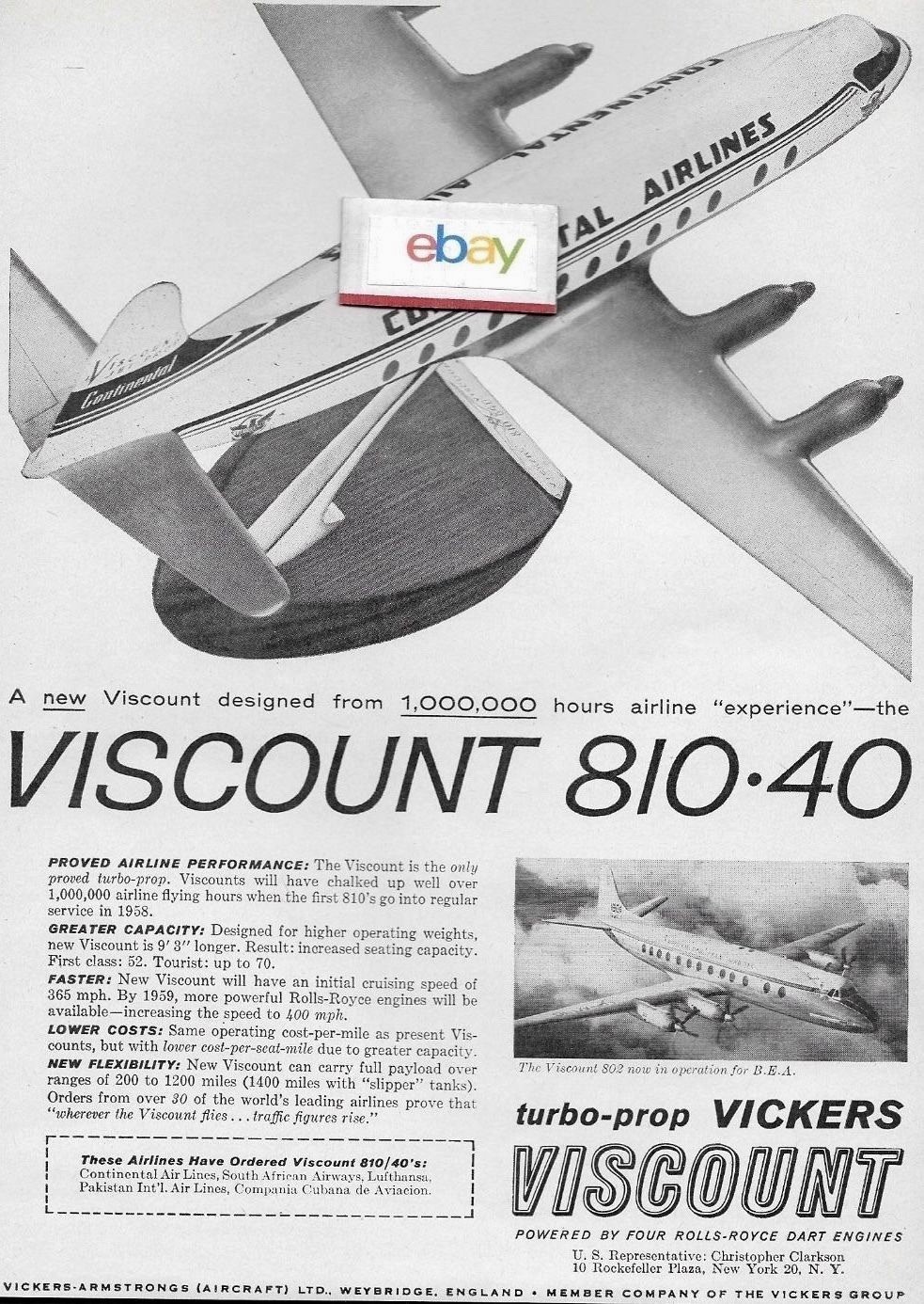 CONTINENTAL AIRLINES VICKERS VISCOUNT 810-840 1957 1 MILLION MILES ...