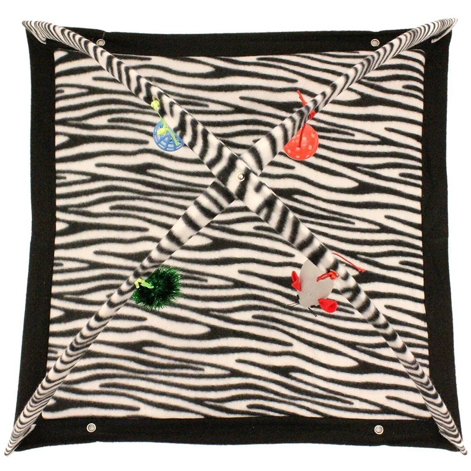 Zebra Print Cat Play Tent with Dangle Toys Pet Interactive Kitty 22"x23 ...